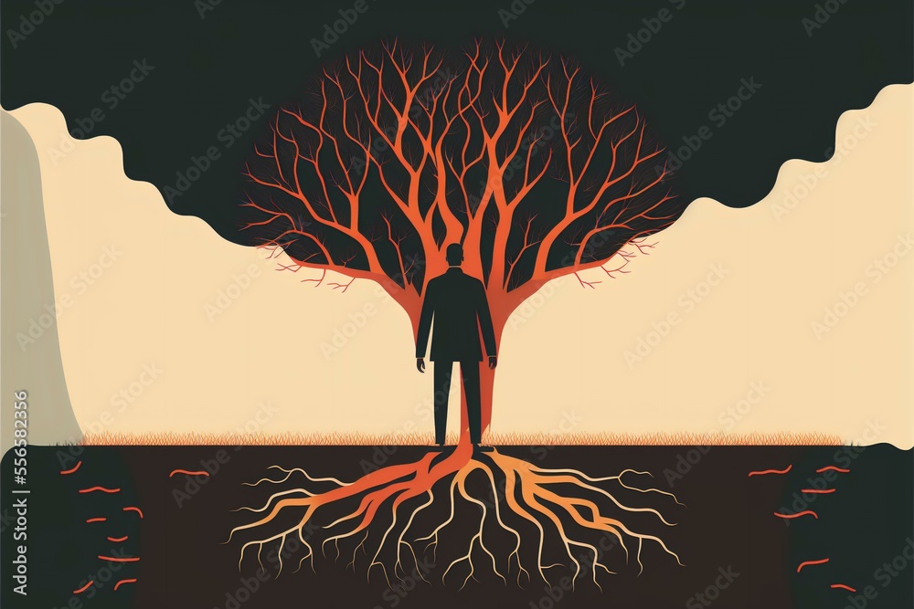 person standing in front of a tree with roots reaching deep into the ...