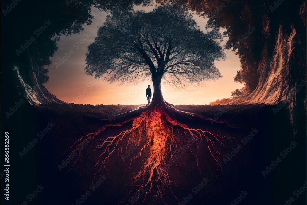 person standing in front of a tree with roots reaching deep into the ...