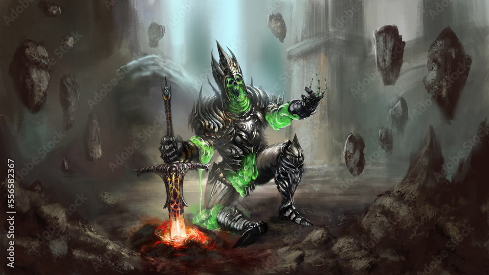 Slime is dressed in the armor of a dead knight, in her hand she has a ...