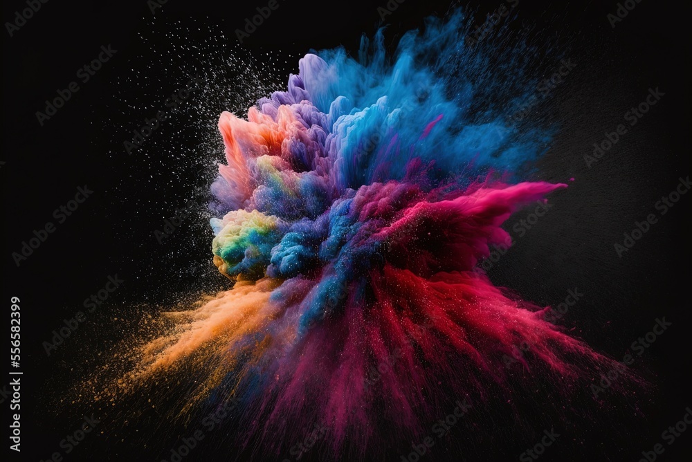 A cloud of colored powder explodes against a pitch black backdrop. stop ...