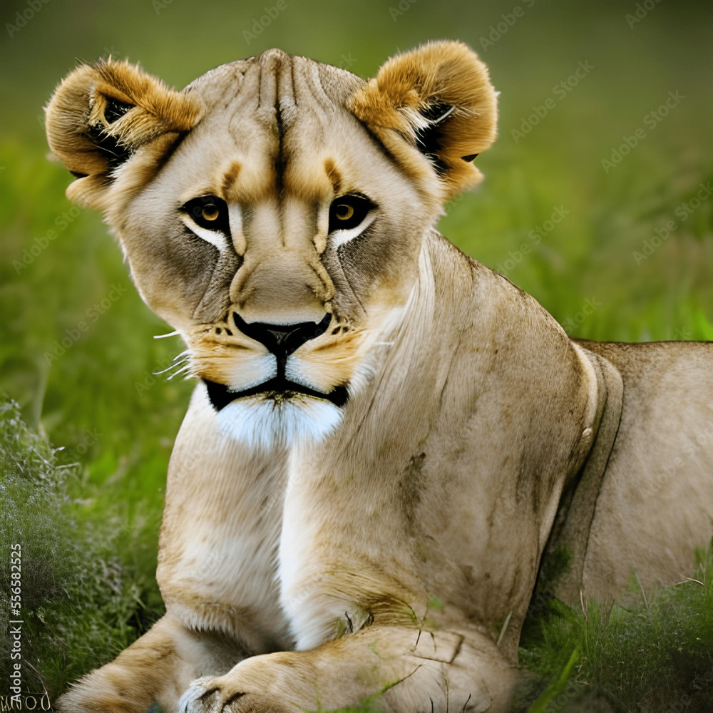 Generative a.i. beautiful lioness in the grass Stock Illustration ...