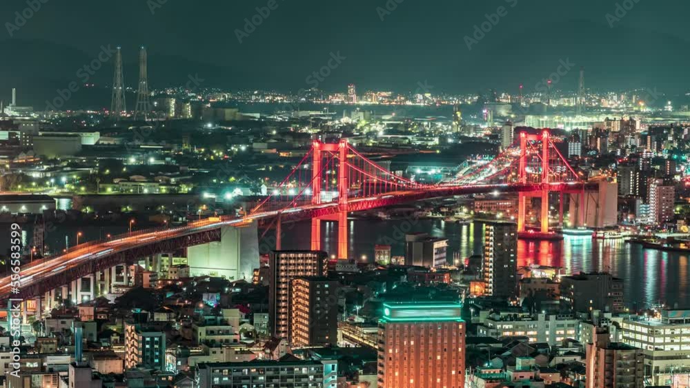 Night Time lapse of Kitakyushu City with Wakato Bridge from Takatoyama ...