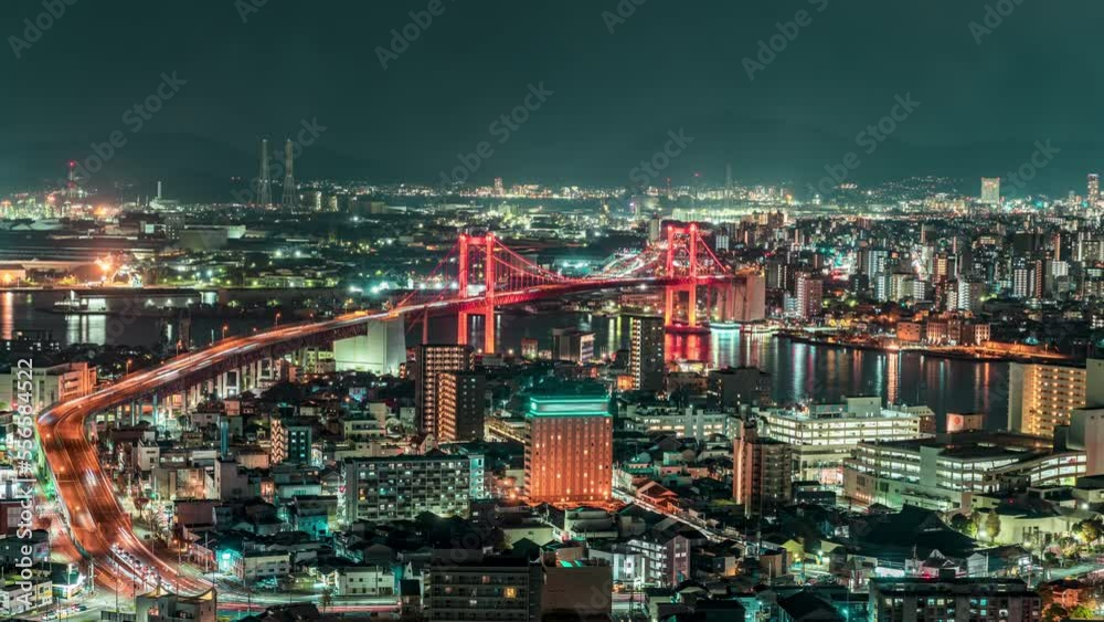 Night Time lapse of Kitakyushu City with Wakato Bridge from Takatoyama ...