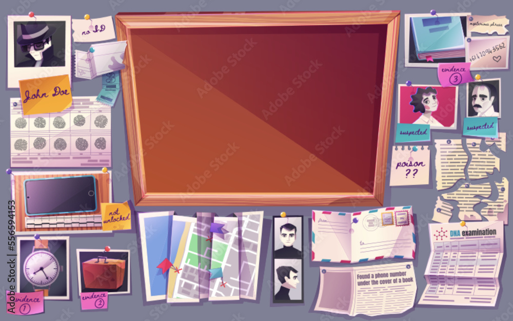 Vetor de Empty detective board and evidences. Police investigation ...