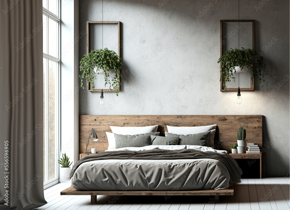 Wooden bed design, interior of bedroom with empty wall mockup, AI ...