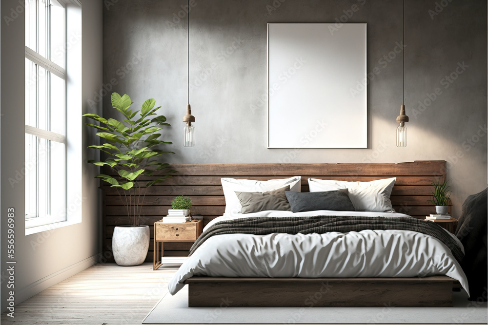 Wooden bed design, interior of bedroom with empty wall mockup, AI ...