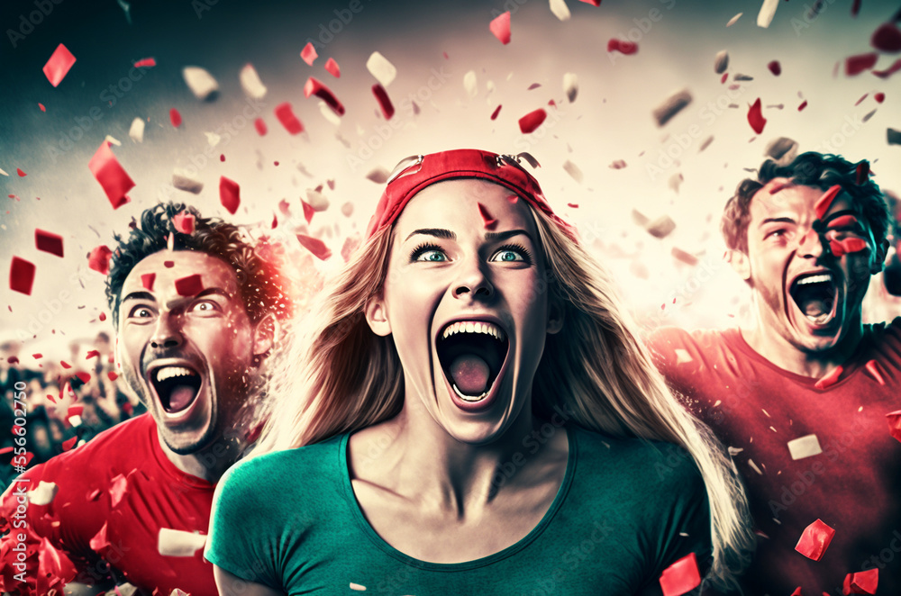 Football supporter fans cheering with confetti watching soccer match ...