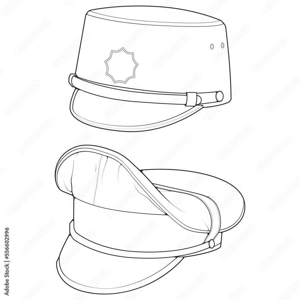 Set of outline military cap vector illustration isolated on white ...