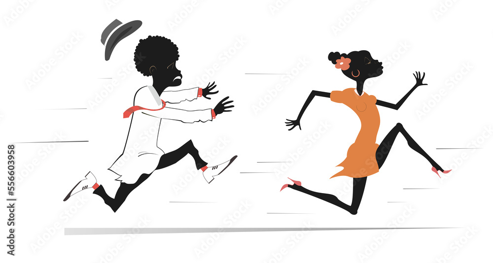 Young African woman runs away from the African man. Upset African man ...