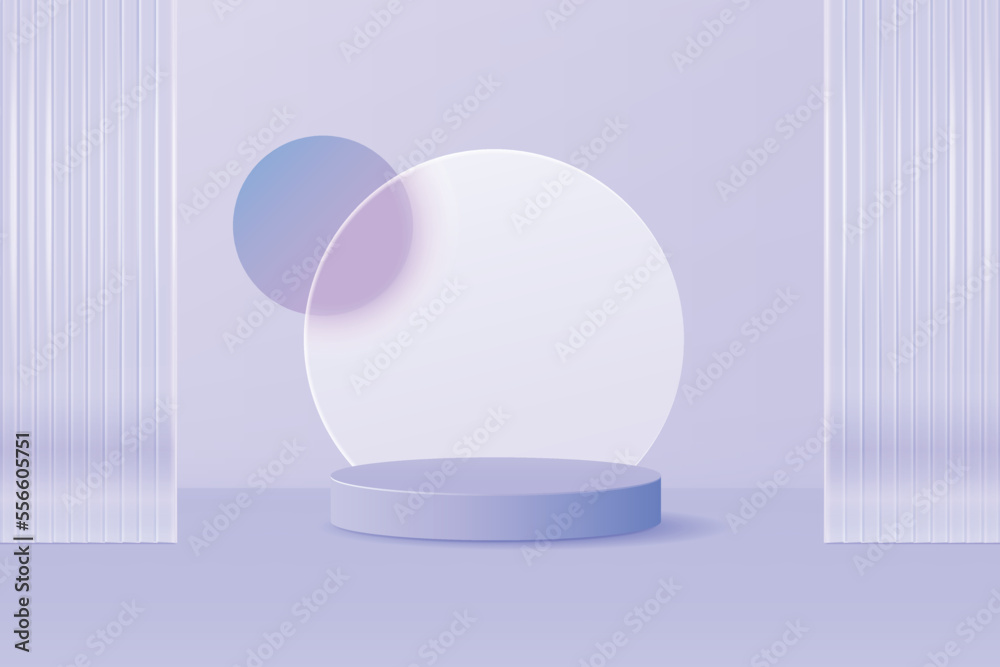 Cylinder podium with translucent round glassmorphism on blue background ...