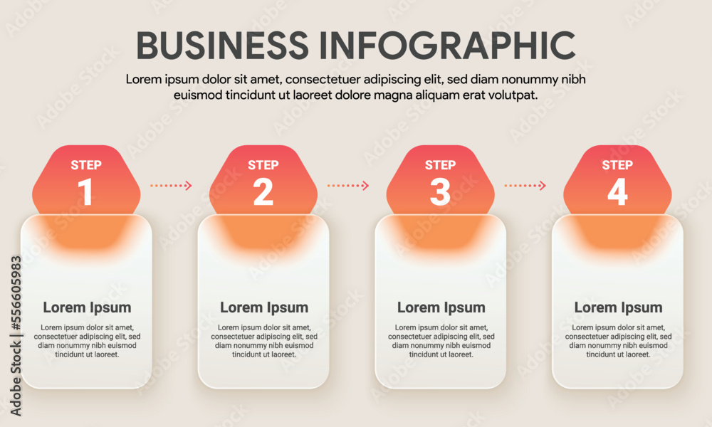 4 step business process timeline infographics. Orange Hexagon curve shape glass morphism effect ...