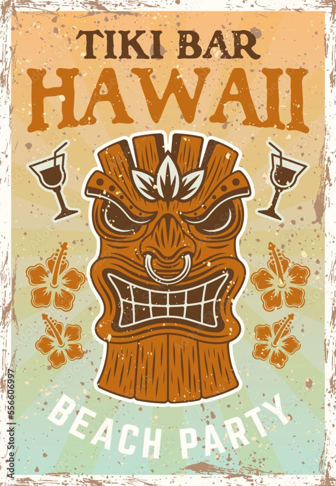 Hawaiian tiki head colored vintage poster with traditional tribal ...
