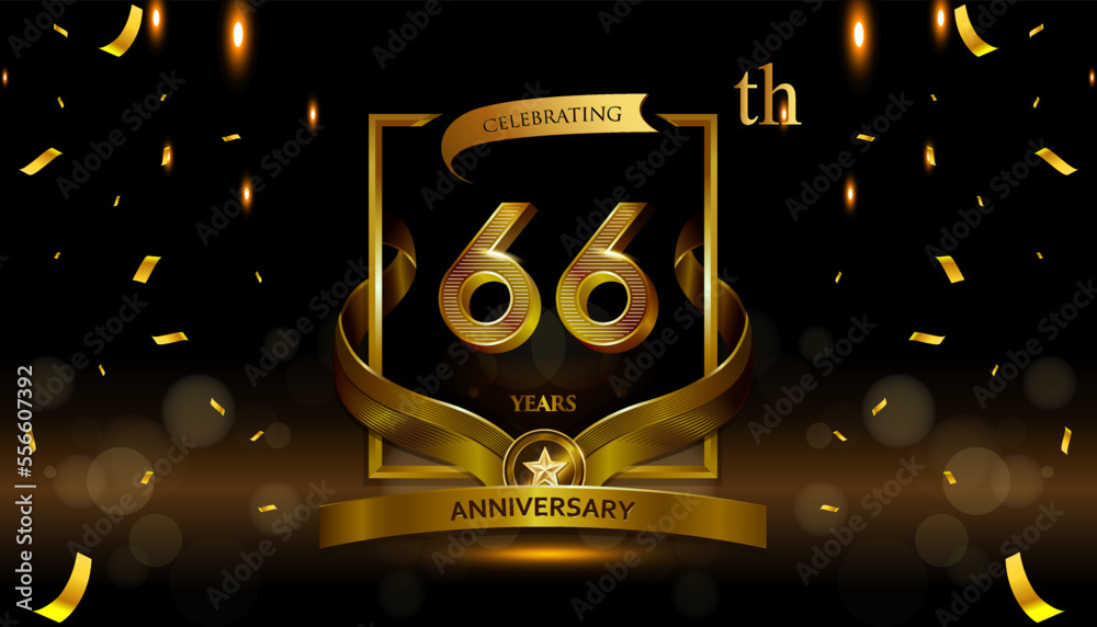 66th golden anniversary logo with gold ring and golden ribbon, vector ...