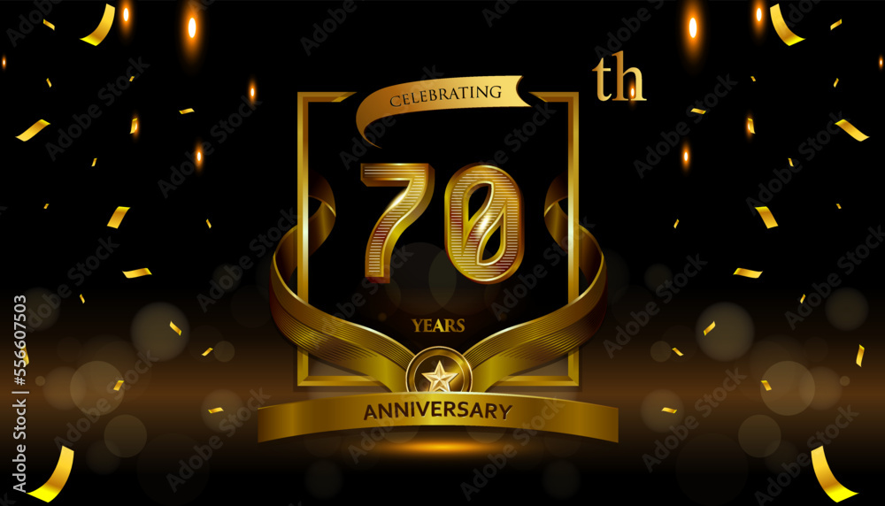 70th golden anniversary logo with gold ring and golden ribbon, vector ...