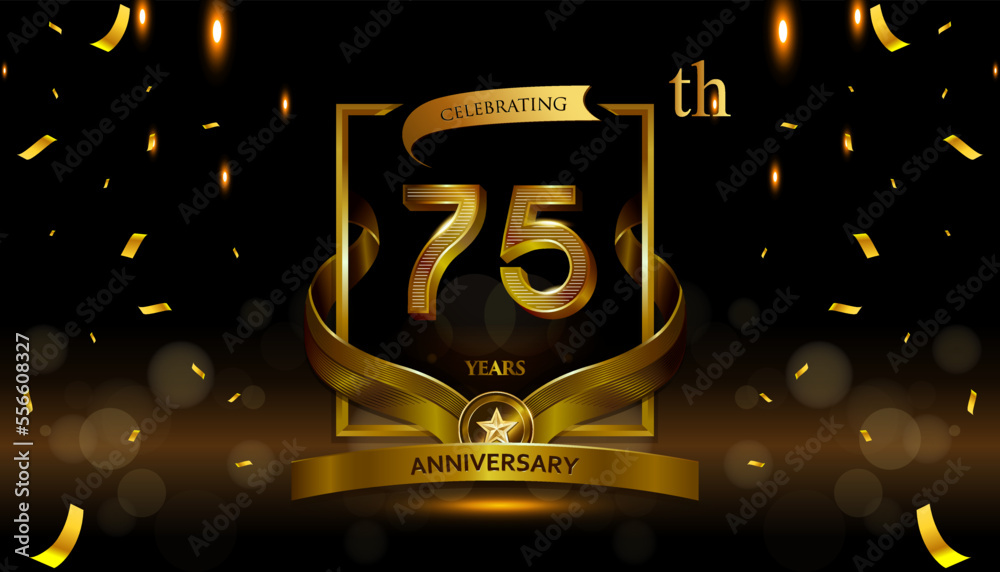75th golden anniversary logo with gold ring and golden ribbon, vector ...