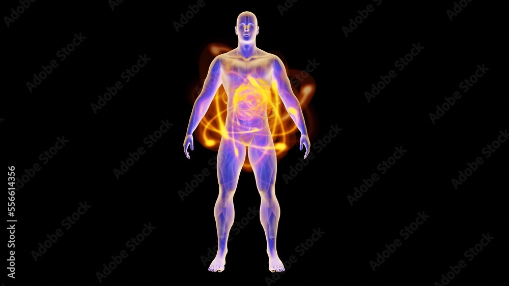 Quantum Biology. Human body with particles orbiting nucleus. Glowing ...
