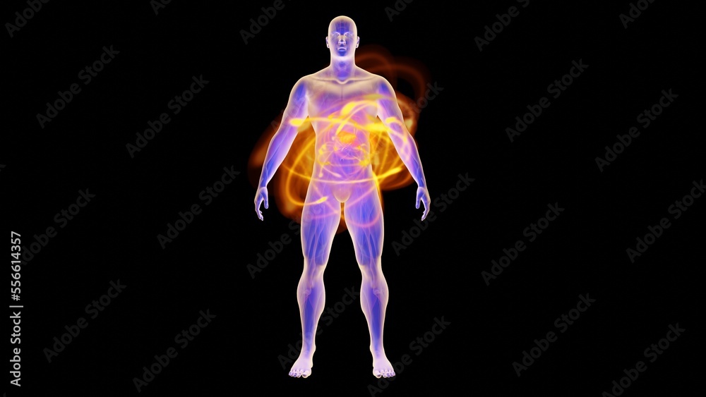 ภาพประกอบสต็อก Quantum Biology. Human body with particles orbiting ...