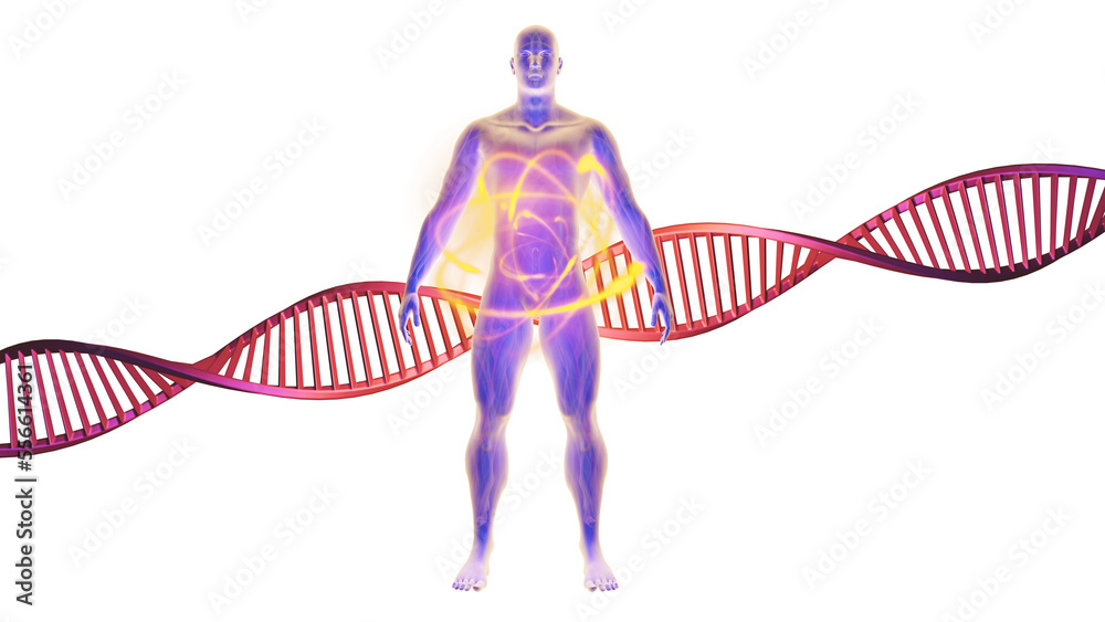 Quantum Biology. Human body with particles orbiting nucleus. Glowing ...