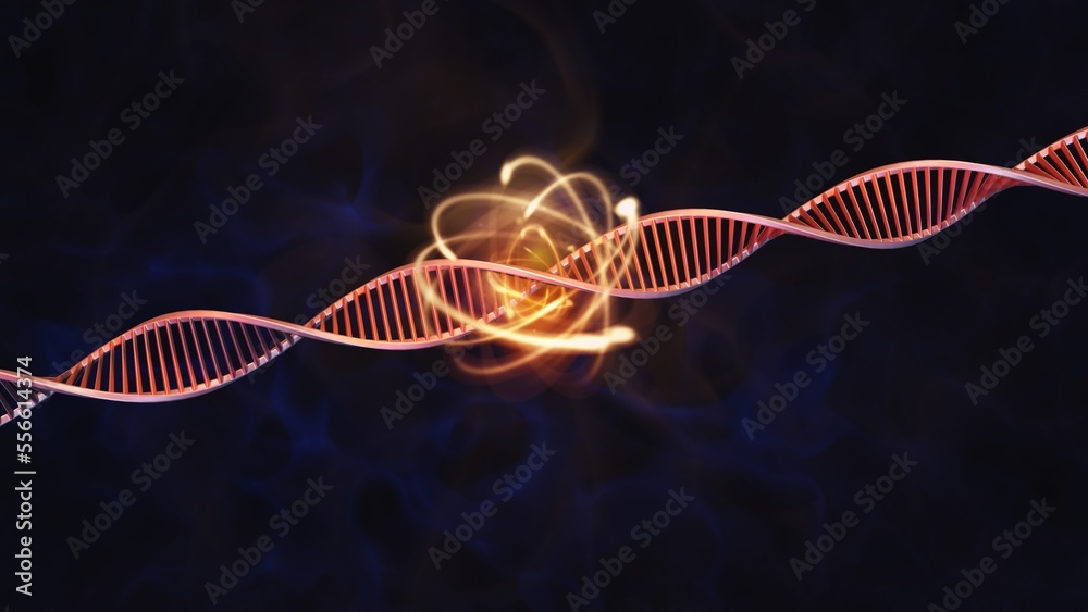 Quantum Biology. DNA with particles orbiting nucleus. Glowing subatomic ...