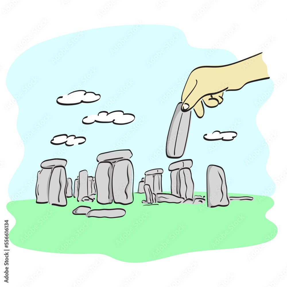 hand holding long stone on stonehenge illustration vector hand drawn ...