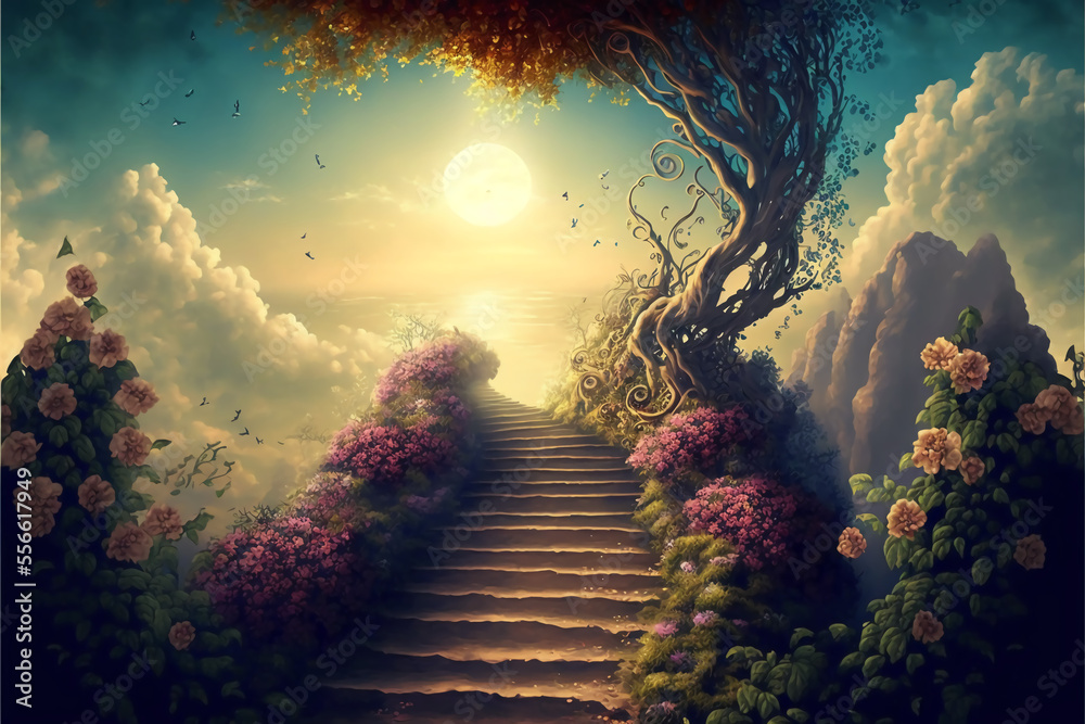 Stairway to heaven with sun and clouds surrounded by flowers and garden ...