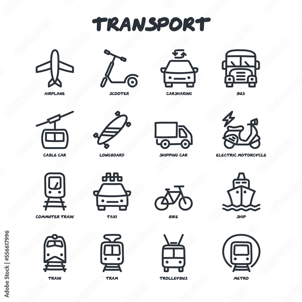 Transport doodle icons set. Metro, train, trolleybus, airplane, scooter ...