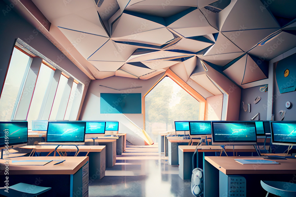 Futuristic school interior, ai illustration Stock Illustration | Adobe ...