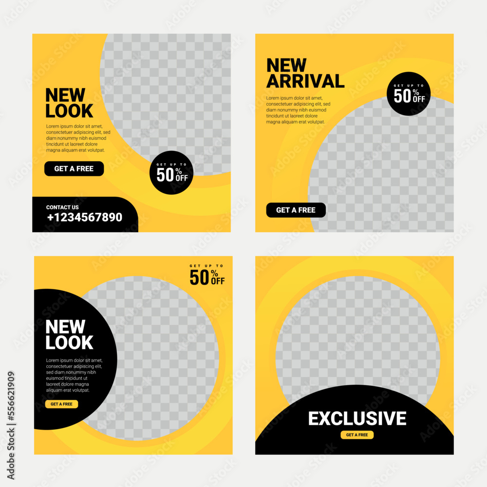 Set of Editable square banner template. Black and yellow background ...