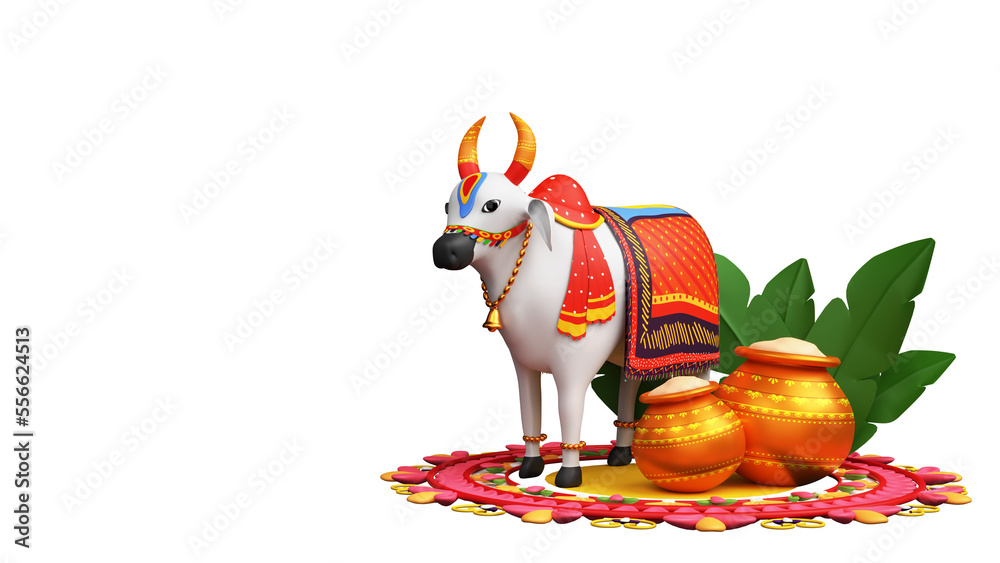 3D Render Of Mattu Pongal Festival Elements Over Rangoli. Stock ...