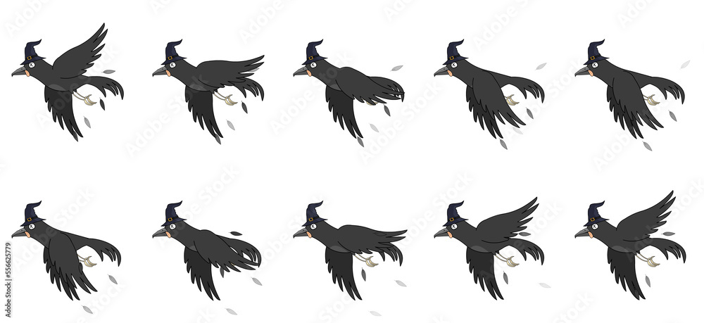 2D crow flying with low health.Animation sheet for video games.Black ...