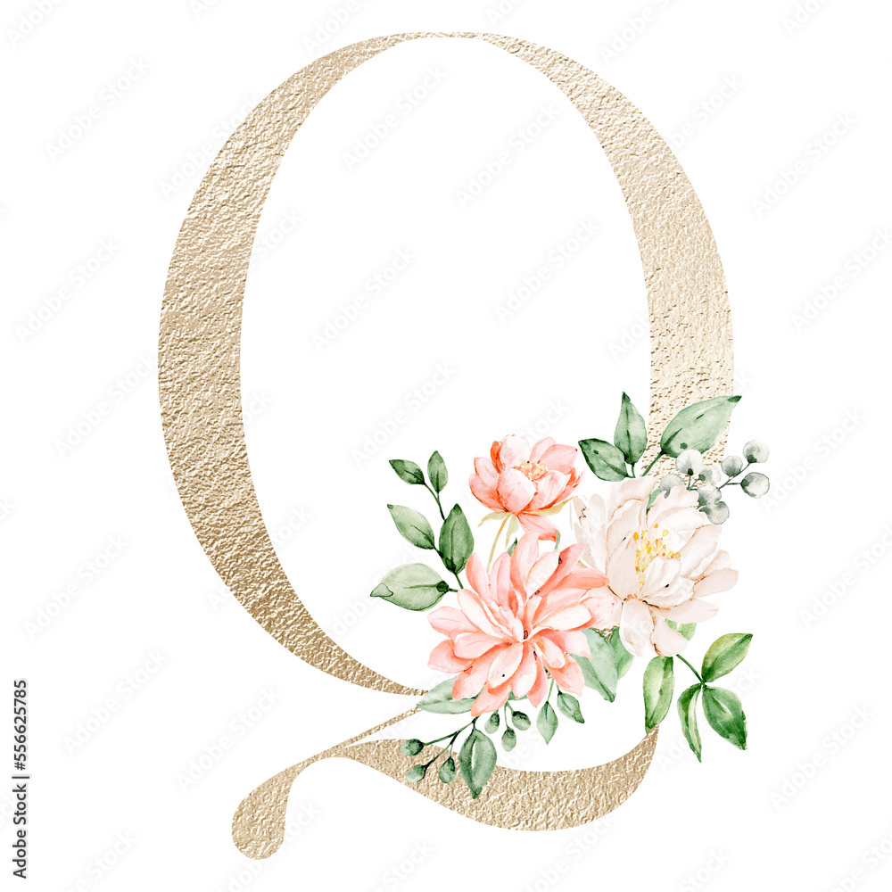 Floral alphabet, gold letter Q with watercolor flowers and leaf ...