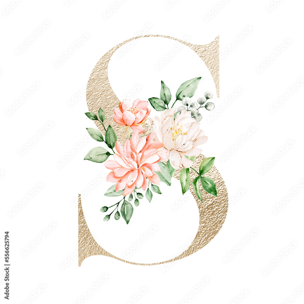 Floral alphabet, gold letter S with watercolor flowers and leaf ...