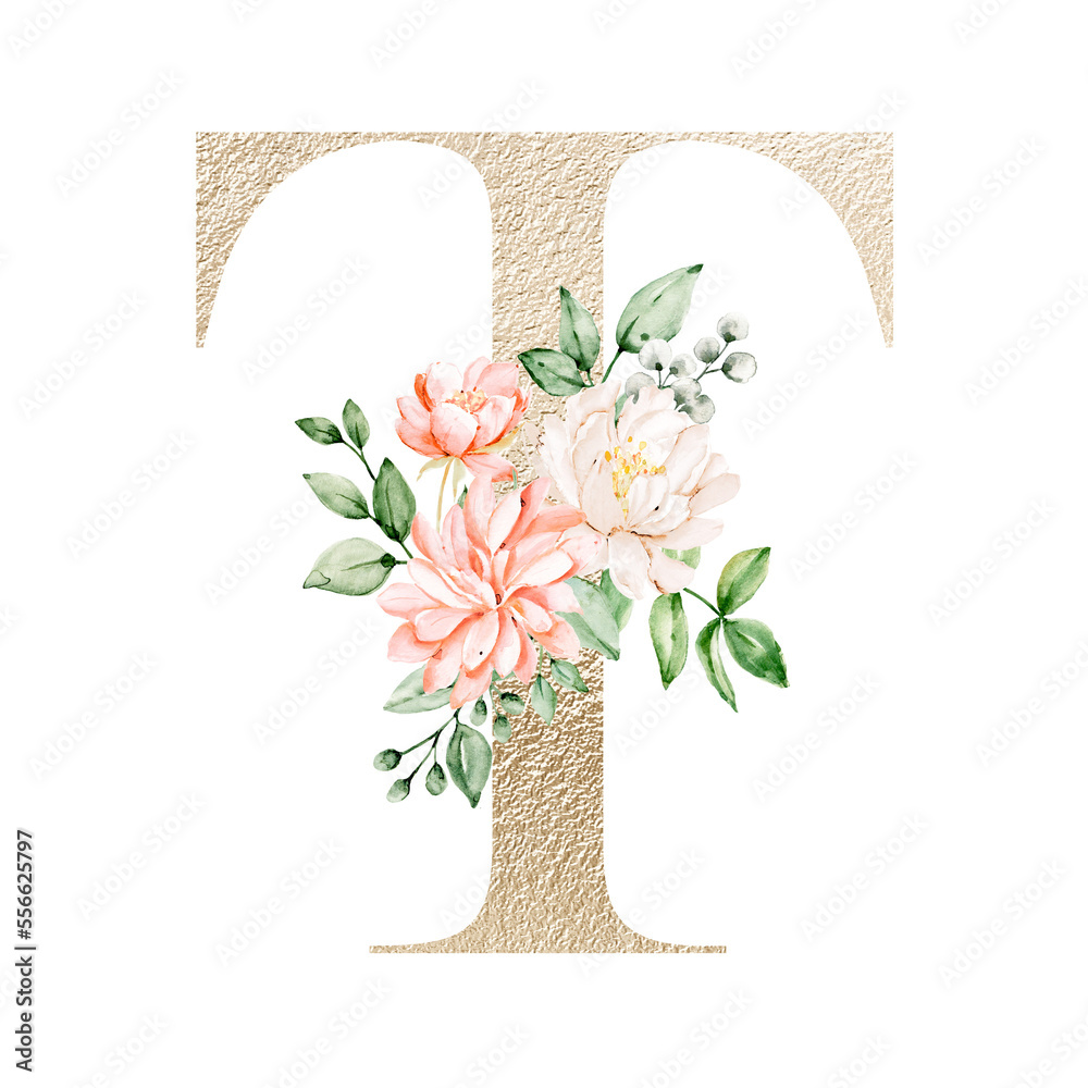 Floral alphabet, gold letter T with watercolor flowers and leaf ...
