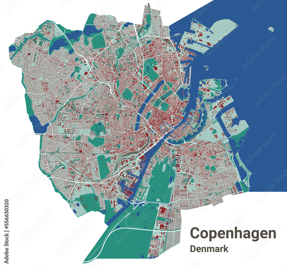 Copenhagen map. Detailed map of Copenhagen city administrative area. Cityscape urban panorama ...