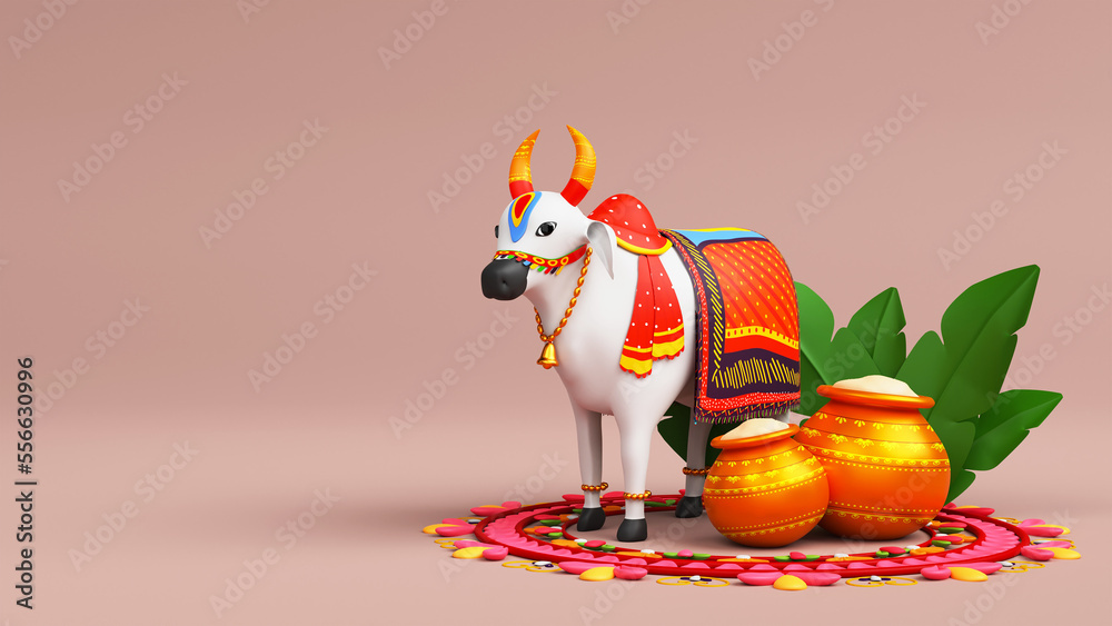 3D Render Of Mattu Pongal Festival Elements On Copper Background And ...