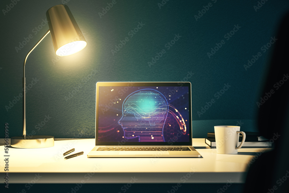 Modern computer screen with creative human head microcircuit. Future ...