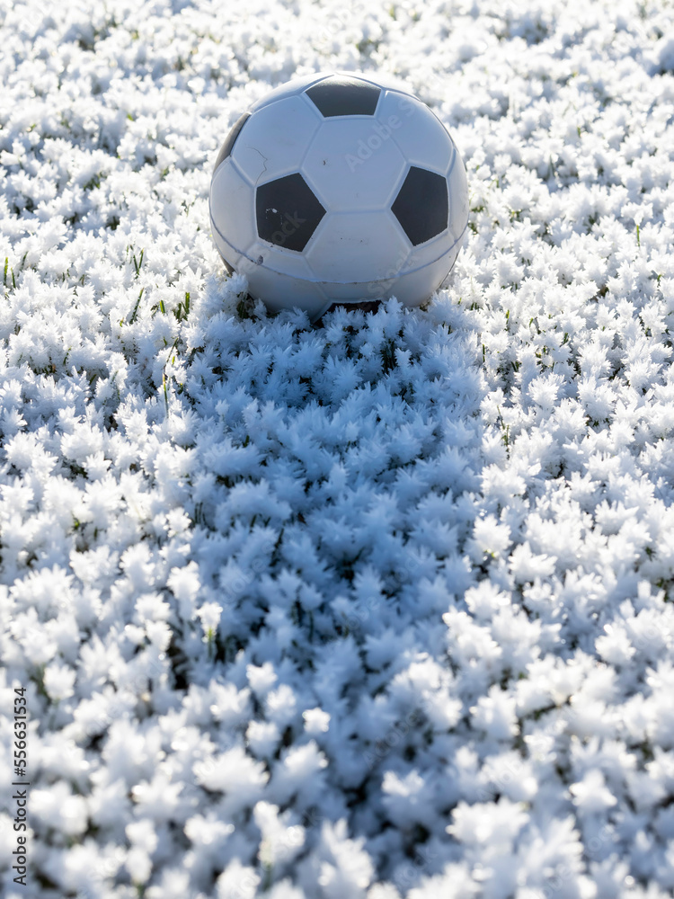 Classic soccer of football ball on a frozen grass of a training field ...
