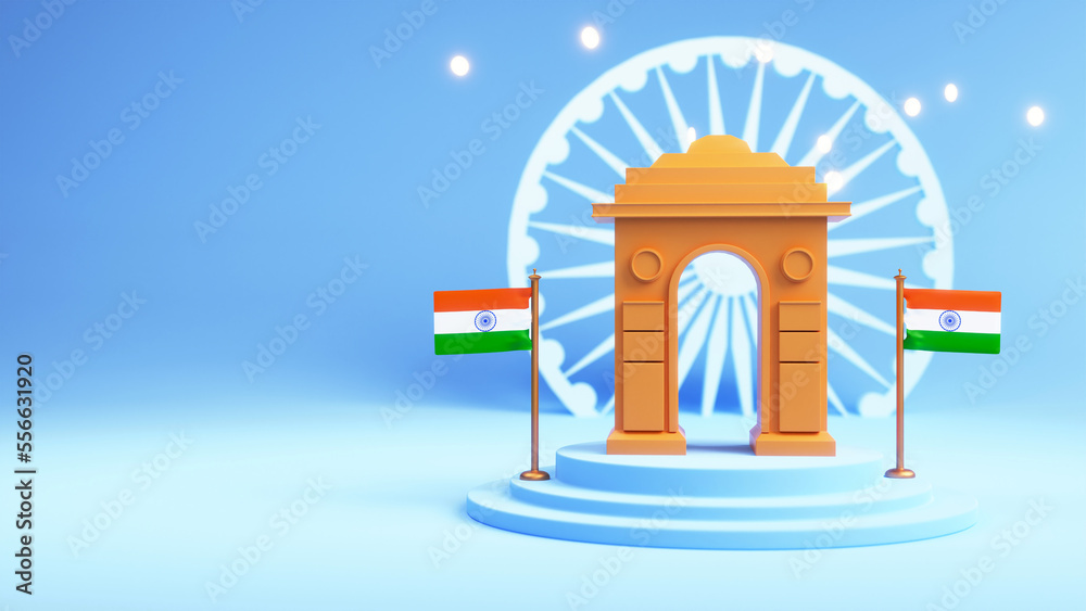 3D Render Of India Gate Monument With National Flags Over Podium On ...
