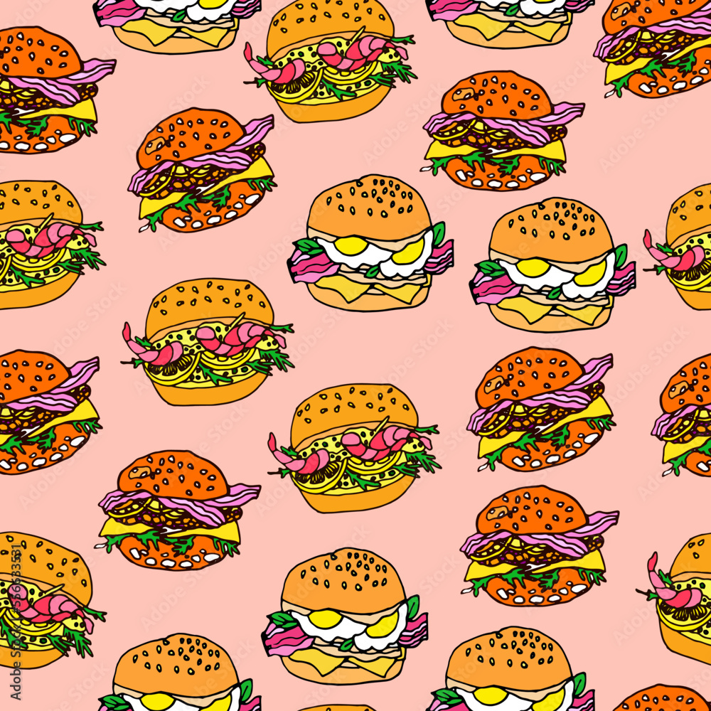 vector hand drawn burgers and snacks patterns, cartoon burgers, colored ...