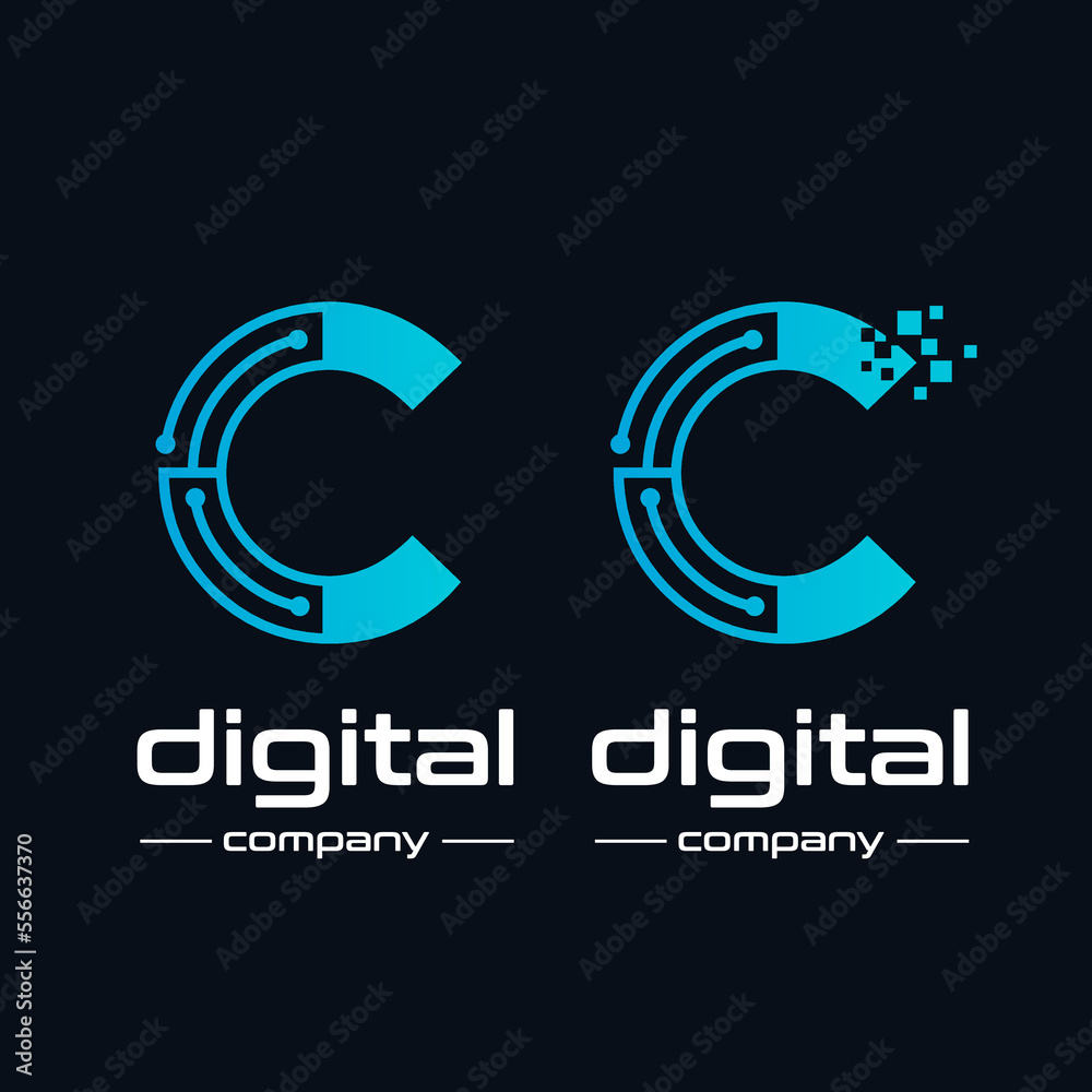 Lowercase Letter C Digital technology vector logo template with pixel ...