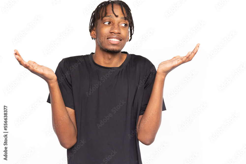 Doubtful young man shrugging throwing up hands. Male African American ...