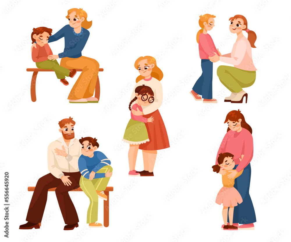 Parents Supporting Children Soothing and Talking to Them Vector Set ...