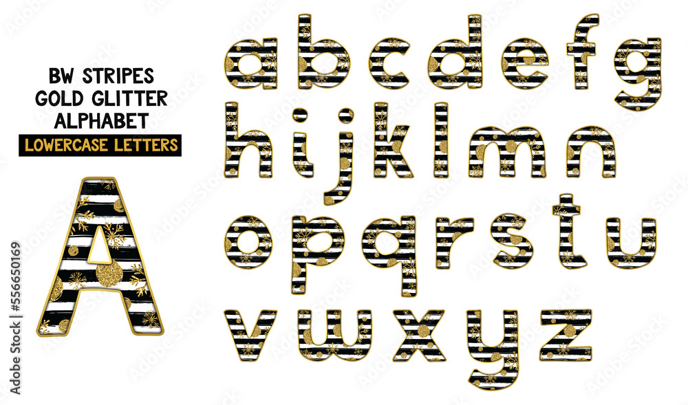 Black and white stripes with gold glitter alphabet set, includes font ...