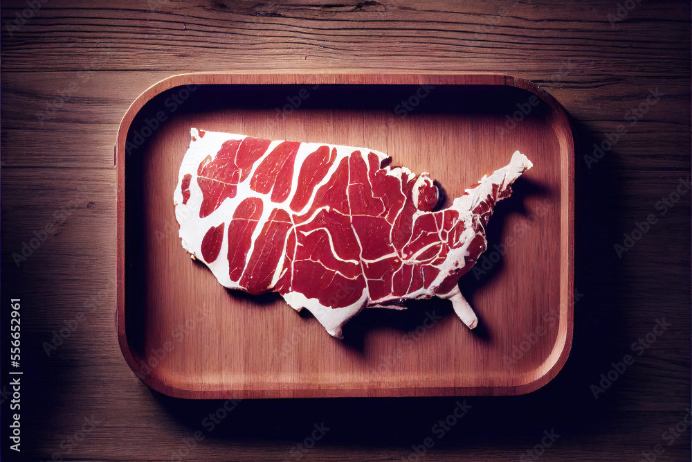 usa map shaped steak beef cut on a wooden classical try, american meat ...