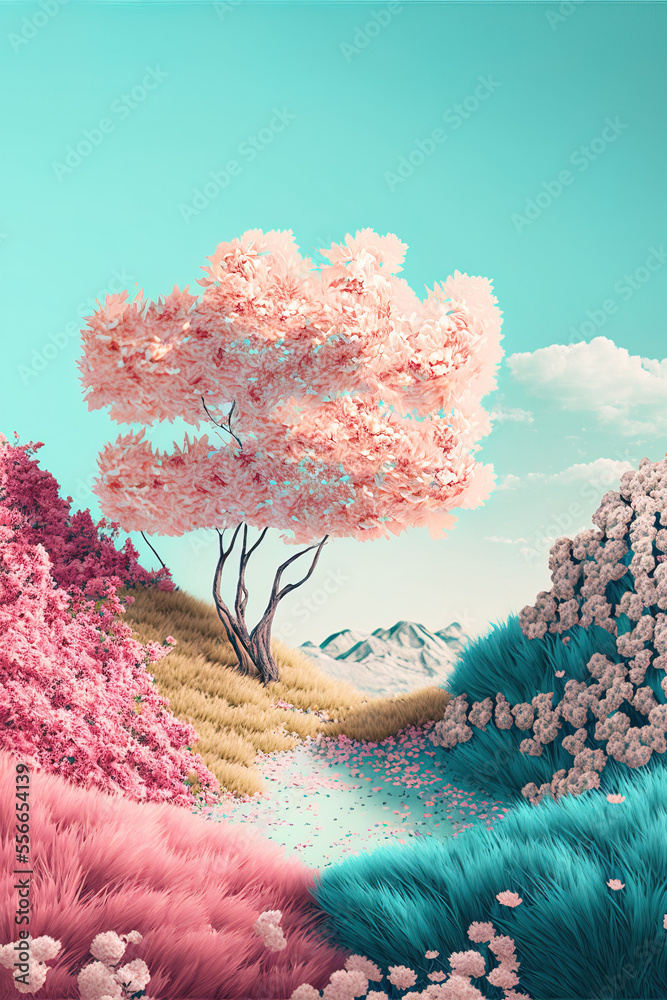 Illustrated pastel creative landscape of nature waking up with the ...