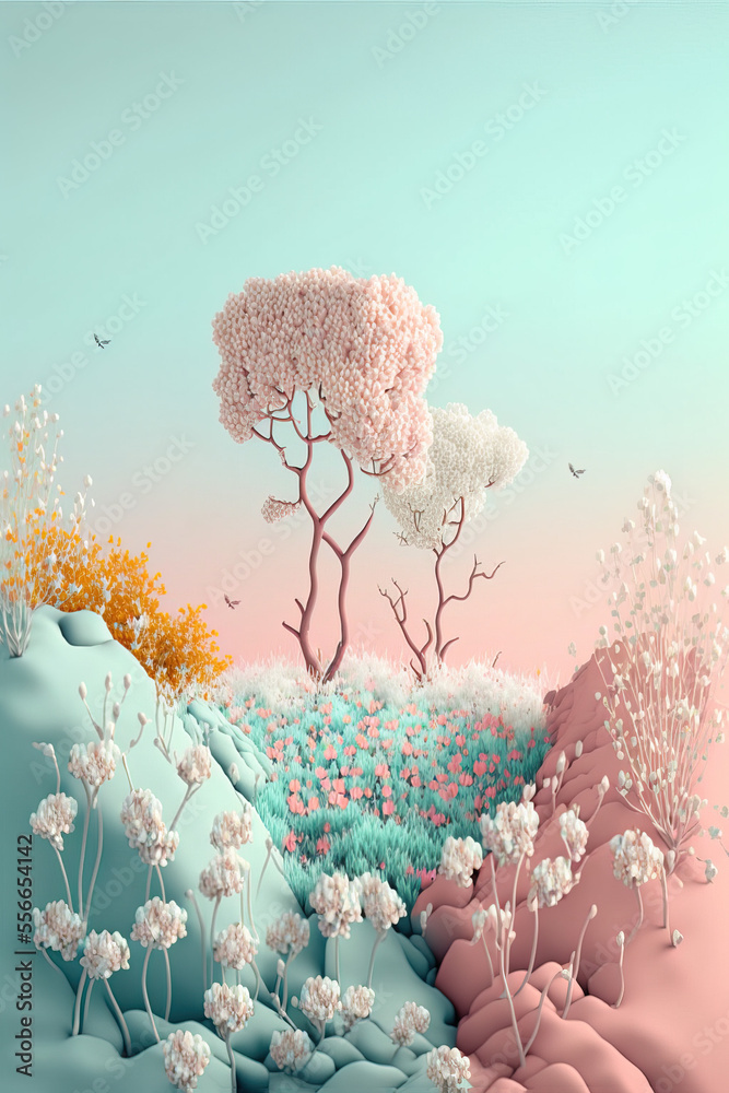 Illustrated pastel creative landscape of nature waking up with the ...