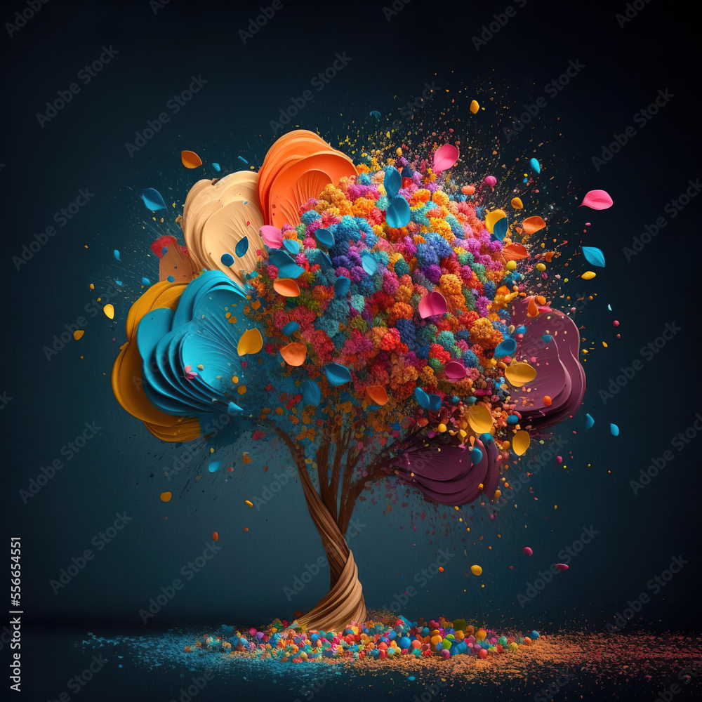 Blooming, wild flower tree Illustration, pastel creative landscape of ...