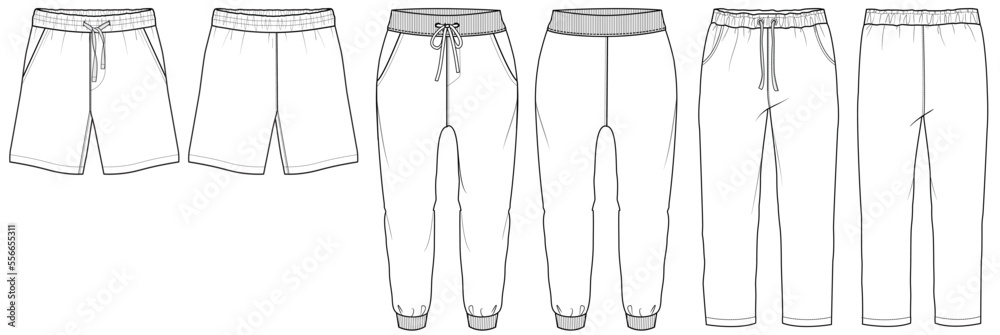 mens drawstring waist short pant and jogger bottom flat technical cad ...