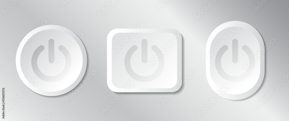Set of 3d virtual power button vector icons in white tone style, player ...