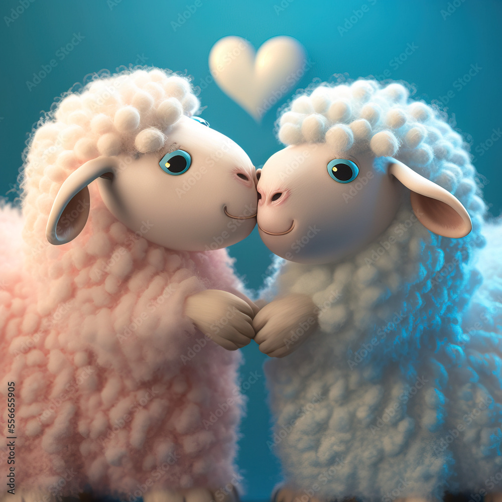 Little sheep in love hugging, kissing and enjoying in their love. Baby ...